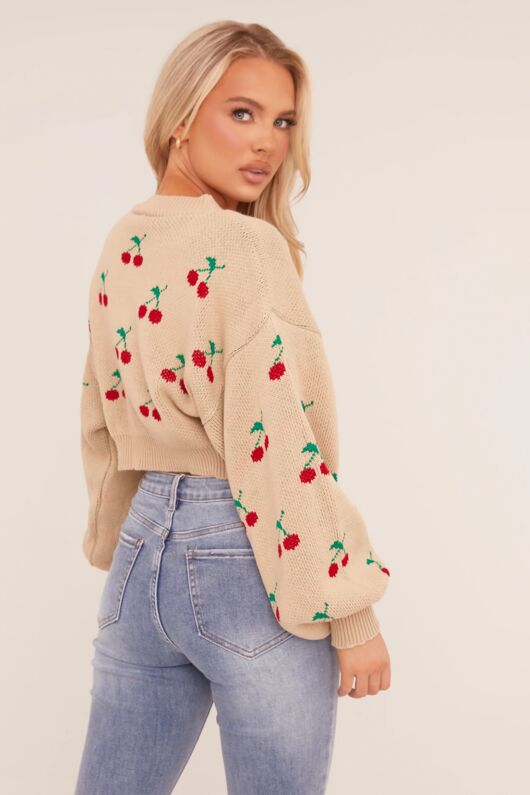 Wholesale Beige Knitted Cropped Cherry Print Jumper