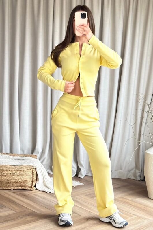 Yellow Ribbed Molly Button Through Top and Wide Leg Trousers