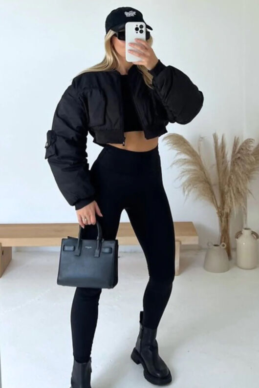 Wholesale Black Cropped Cargo Bomber Jacket | J5Fashion