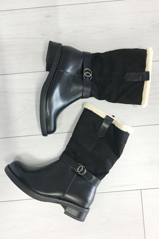 Wholesale Black Faux Shearling Insert PU Belted Boots | J5Fashion