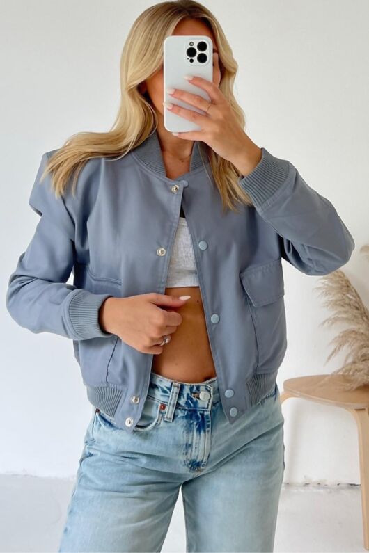 Wholesale Grey Cropped Long Sleeve Bomber Jacket | J5Fashion