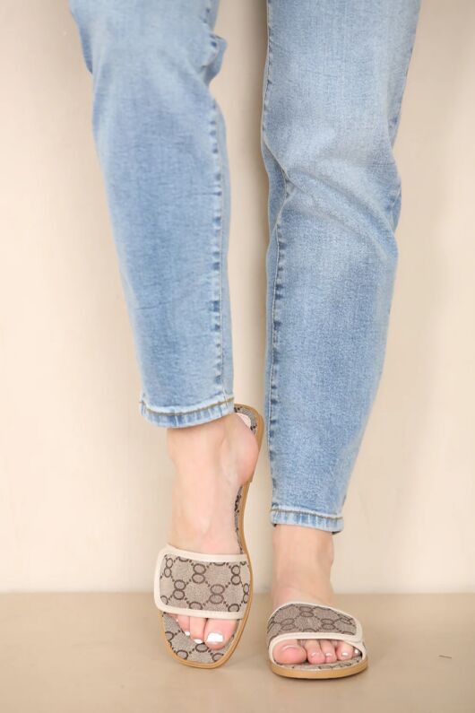 Beige Patterned Open Toe Flat Sliders