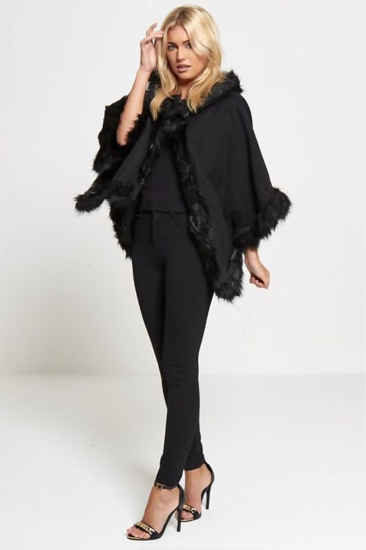 Wholesale Black Fur Lined Hooded Cape