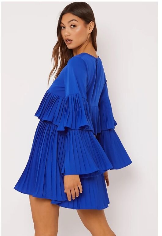 Wholesale Blue Pleated Ruffle Mini Dress | J5Fashion