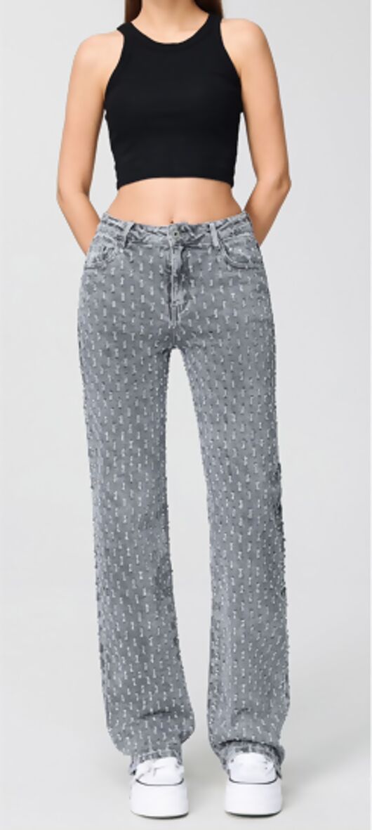 Grey Modern Fit Textured Straight-Leg Denim Jeans