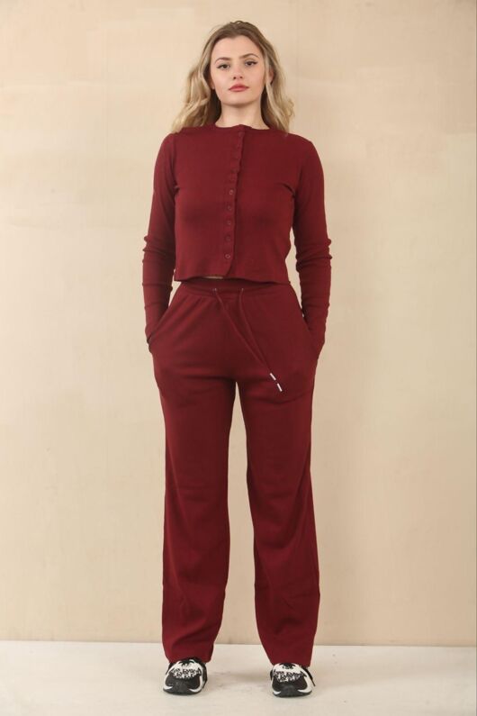 Wine Ribbed Molly Button Through Top and Wide Leg Trousers