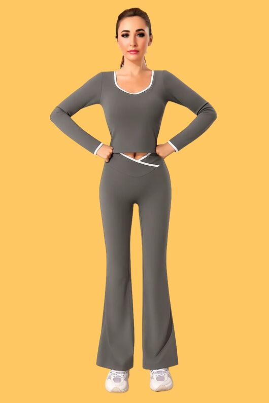 Grey Contrast Sculpt V Neck Top And Flared Gym Set