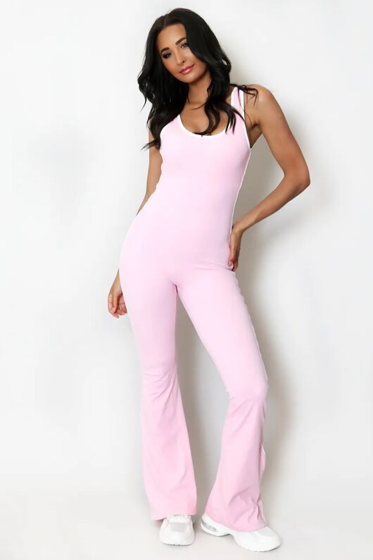 Pink Cut Out Back Piped Edging Flared Jumpsuit