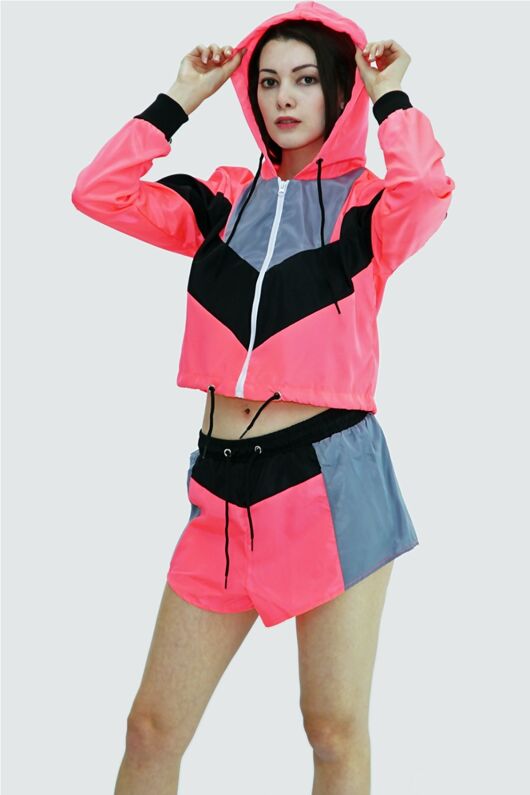 Neon Pink Colour Block Hooded Shell Suit