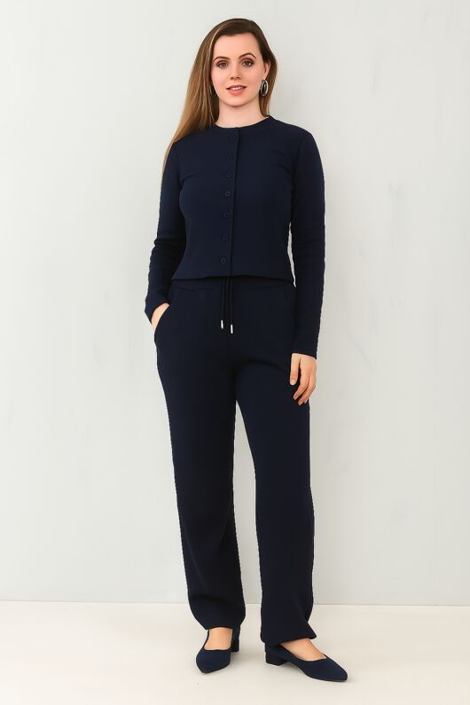 Navy Ribbed Molly Button Through Top and Wide Leg Trousers