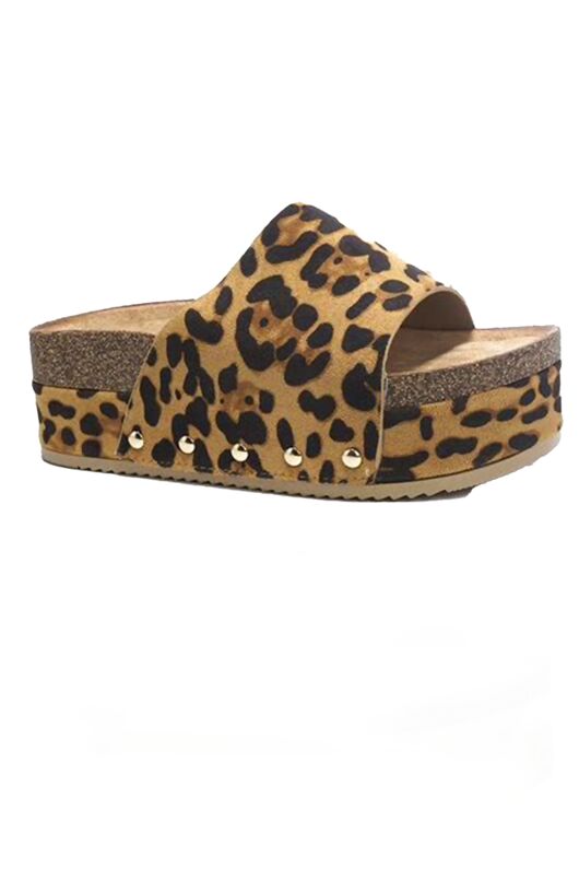 Wholesale Leopard Studded Wedge Platform Slip On Sandals | J5Fashion