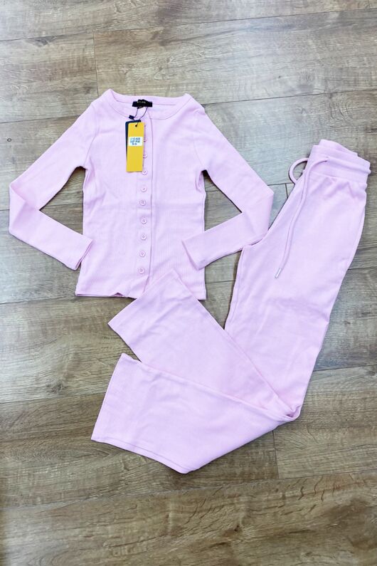 Pink Kids Ribbed Molly Button Through Top and Wide Leg Trousers