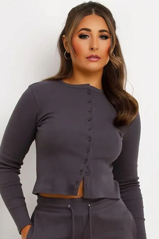Slate Grey Ribbed Molly Button Through Top