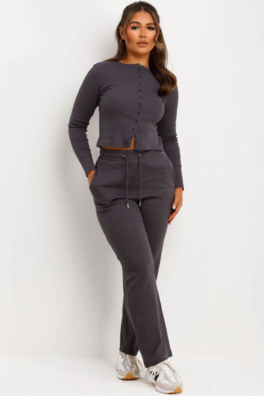 Slate Grey Ribbed Molly Button Through Top and Wide Leg Trousers
